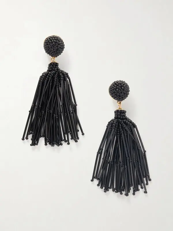 Carolina Herrera Tasseled Beaded Gold-tone Earrings - Black