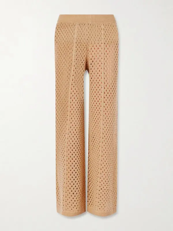 ALLUDE Crochet-knit Wool And Cashmere-blend Wide-leg Pants - Brown