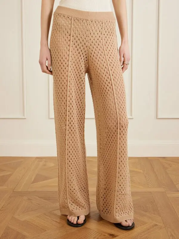 ALLUDE Crochet-knit Wool And Cashmere-blend Wide-leg Pants - Brown