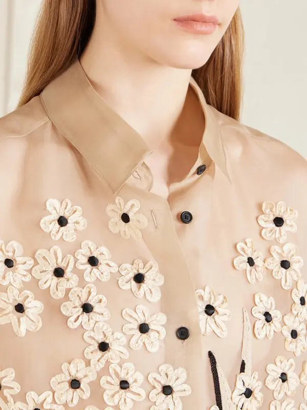 Khaite Appliquéd Embroidered Silk-organza Shirt - Neutrals