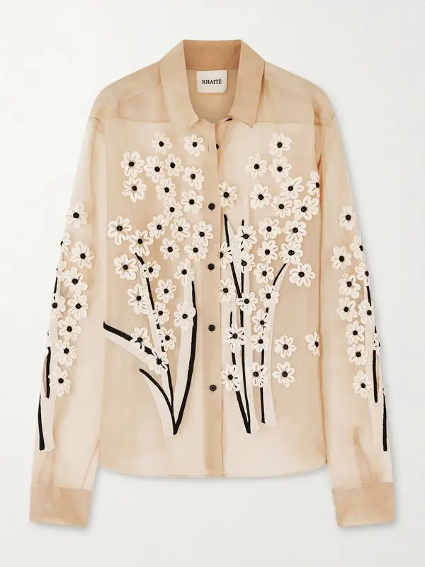 Khaite Appliquéd Embroidered Silk-organza Shirt - Neutrals