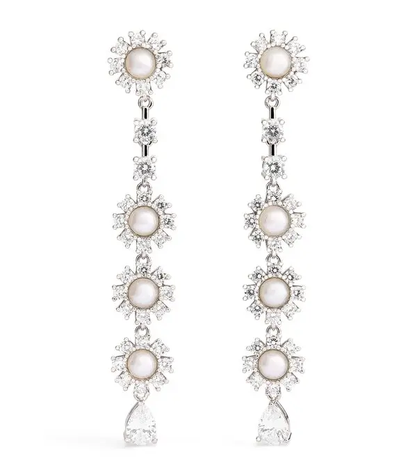SELF-PORTRAIT Crystal-faux Pearl Drop Earrings - Silver