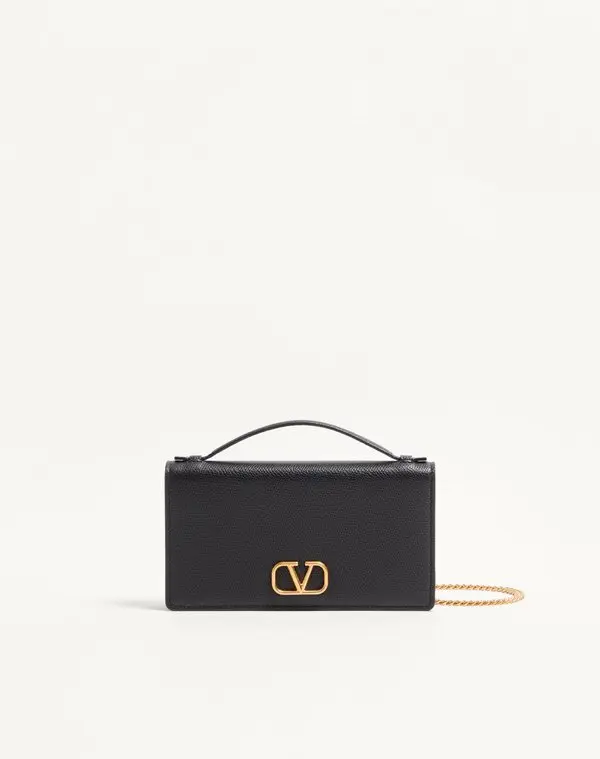 Valentino Garavani Vlogo Signature Grainy Calfskin Wallet With Chain - Black