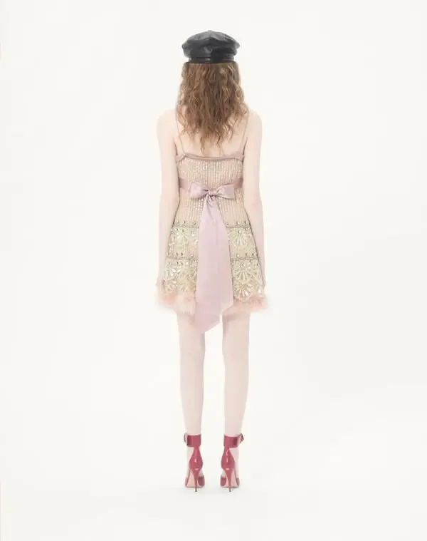 tulle illusione embroidered short dress Embroidered Illusion Boat Neck Short Tulle Dress
