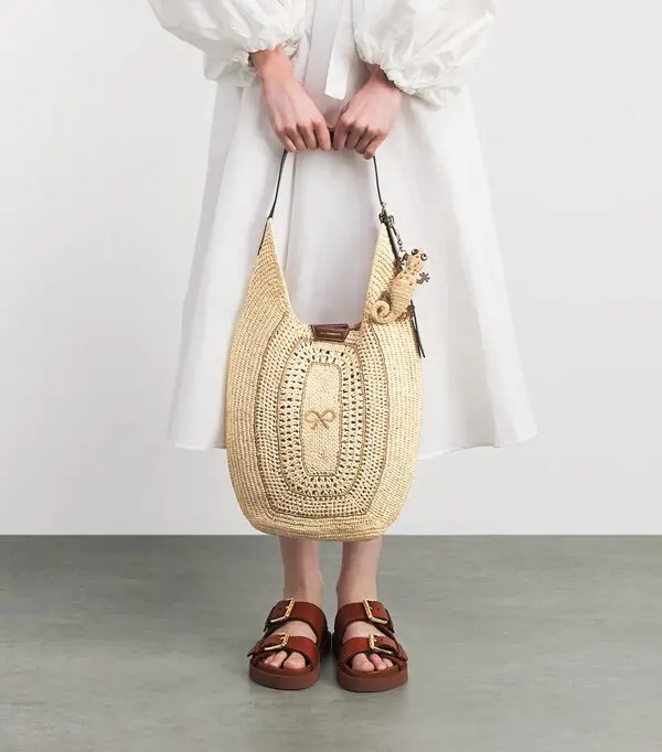 ANYA HINDMARCH Raffia Shoulder Bag With Leather Trim And Bow Detail