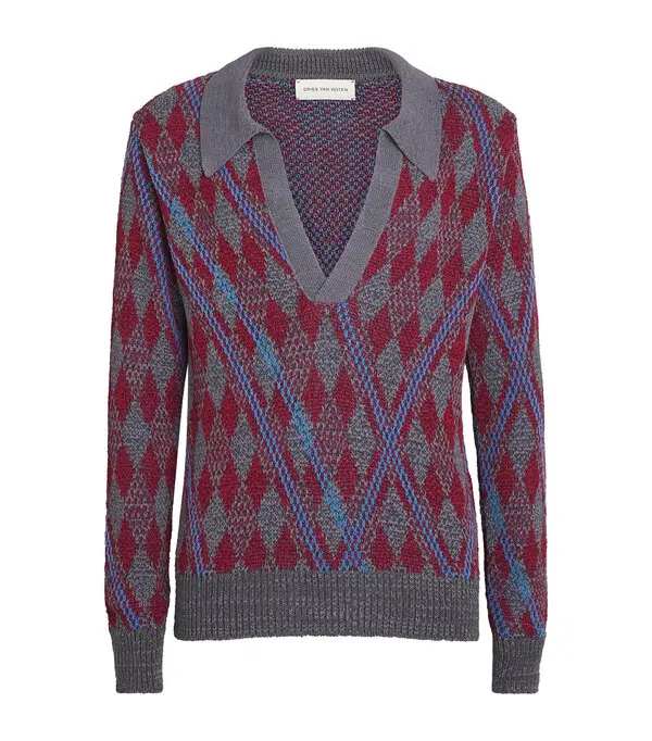 Dries Van Noten Argyle Open-collar Sweater