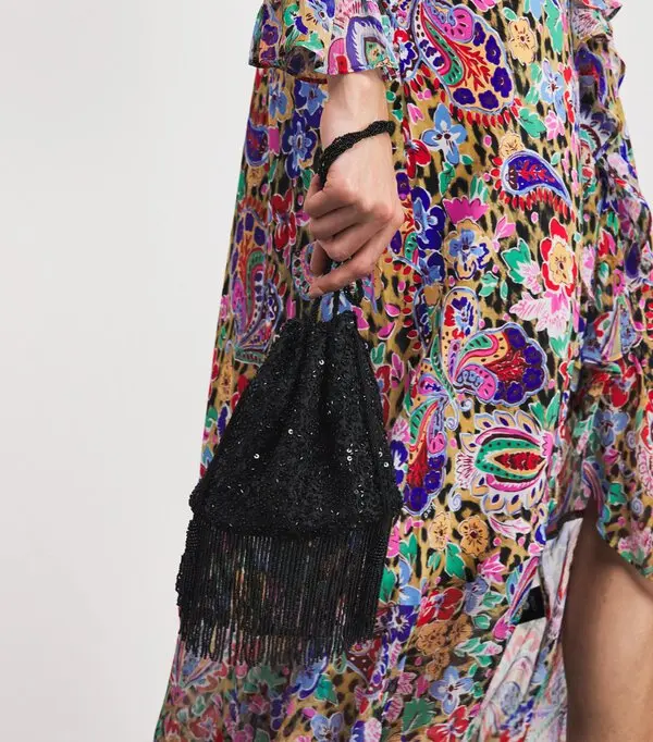 Rixo Silk Satin Embellished Clutch Bag