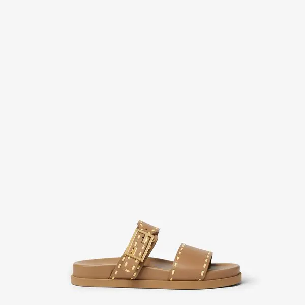 Fendi Ff Baguette Leather Slides - Brown