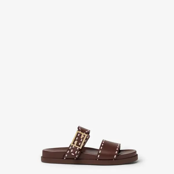 Fendi Ff Baguette Leather Slides - Brown