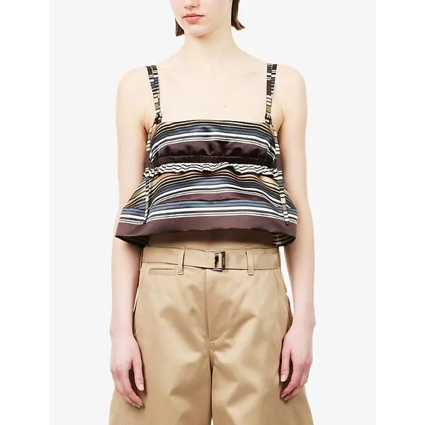 Sacai Stripe-print Satin Bralette Top - Brown Beige