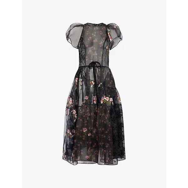 Simone Rocha Patch Flounce Sheer Organza Midi Dress - Black Patchwork Black