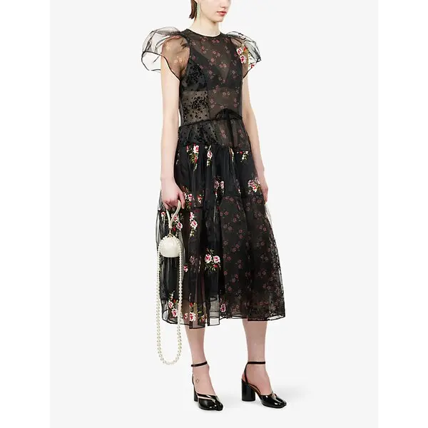 Simone Rocha Patch Flounce Sheer Organza Midi Dress - Black Patchwork Black