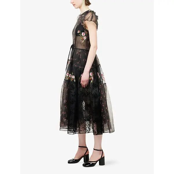 Simone Rocha Patch Flounce Sheer Organza Midi Dress - Black Patchwork Black