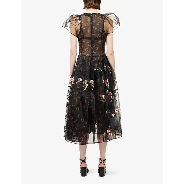 Simone Rocha Patch Flounce Sheer Organza Midi Dress - Black Patchwork Black