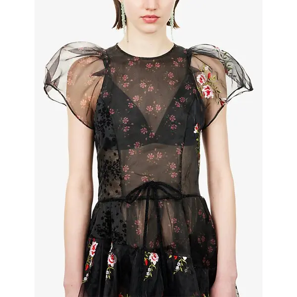 Simone Rocha Patch Flounce Sheer Organza Midi Dress - Black Patchwork Black