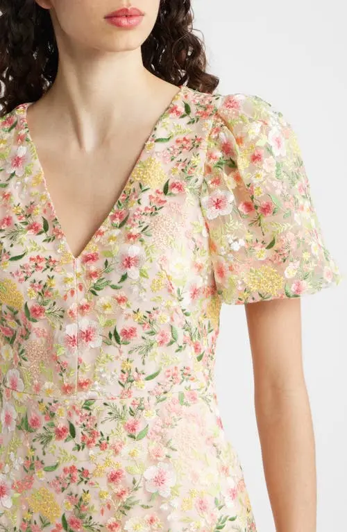 Eliza J Embroidered Puff Sleeve Cocktail Dress