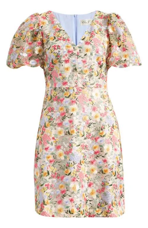 Eliza J Embroidered Puff Sleeve Cocktail Dress - Multi Floral Ivory