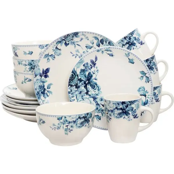 ELAMA Traditional Rose 16 Piece Dinnerware Set - Blue