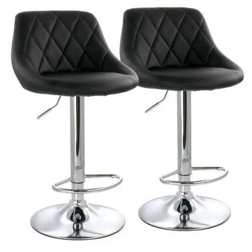 ELAMA 2 Piece Diamond Stitched Faux Leather Bar Stool With Adjustable Height - Black