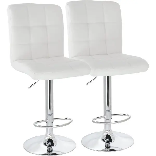 ELAMA 2 Piece Square Tufted Faux Leather Adjustable Bar Stool - White