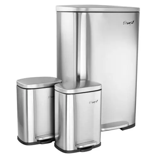 ELAMA 3 Piece 13 Gallon And 1.3 Gallon Stainless Steel Step Trash Bin Combo Set With Slow Close Mechanism - Silver