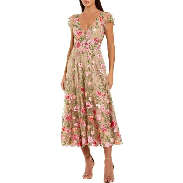 Mac Duggal Embroidered Cap Sleeve A-line Dress - Nude Multi