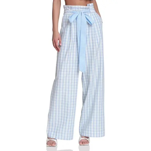 Avec Les Filles Tie Waist Wide Leg Pants - Light Blue Gingham