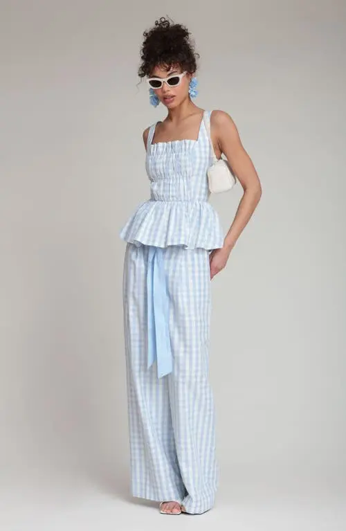 Avec Les Filles Tie Waist Wide Leg Pants - Light Blue Gingham