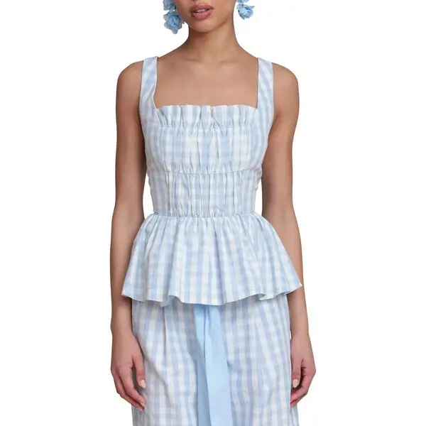 Avec Les Filles Gingham Peplum Top - Light Blue Gingham