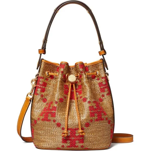 Tory Burch T Monogram Straw Bucket Bag - Natural