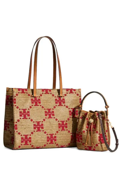 Tory Burch T Monogram Straw Bucket Bag - Natural