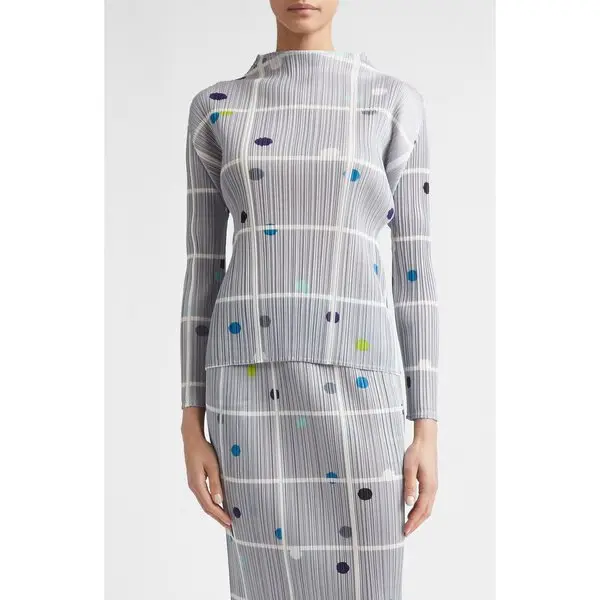 Issey Miyake Crossing Dots Pleated Funnel Neck Top - Light Gray