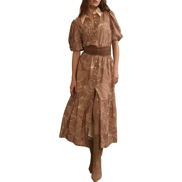 Mint Velvet Floral Print Maxi Shirt Dress With Puff Sleeves - Camel