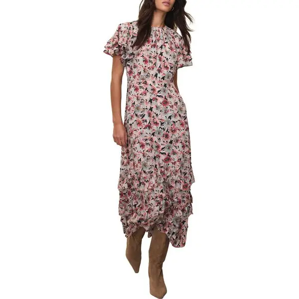 Mint Velvet Floral Print Maxi Dress With Short Ruffle Sleeves - Green