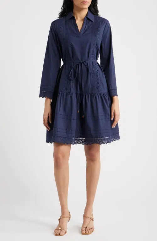 Julia Jordan Lace Trim Tie Waist Long Sleeve Shirtdress - Navy