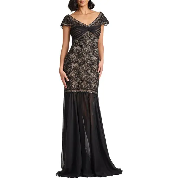 Tadashi Shoji Off-the-shoulder Mixed Media Lace Gown - Black/nude
