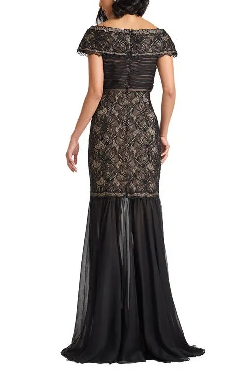 Tadashi Shoji Off-the-shoulder Mixed Media Lace Gown - Black/nude