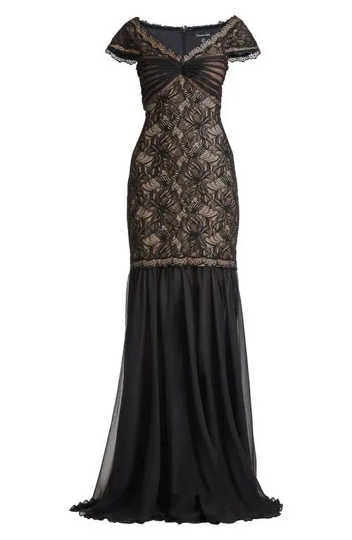 Tadashi Shoji Off-the-shoulder Mixed Media Lace Gown - Black/nude