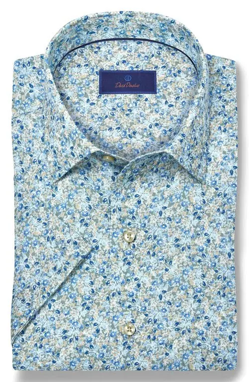 David Donahue Floral Short Sleeve Linen & Cotton Button-up Shirt - Sage/multi