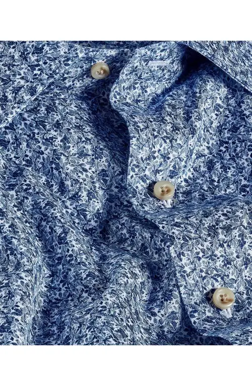 David Donahue Botanical Print Short Sleeve Cotton Button-up Shirt