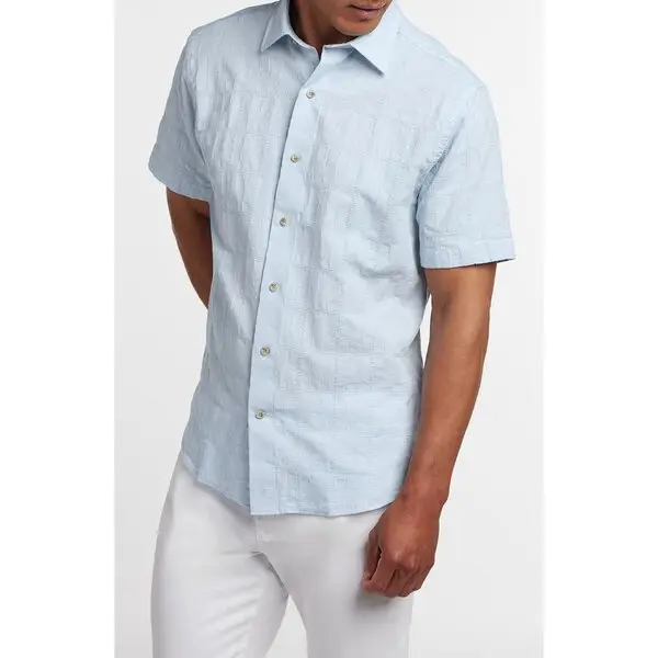 David Donahue Geometric Embroidered Short Sleeve Cotton & Linen Button-up Shirt