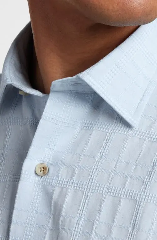 David Donahue Geometric Embroidered Short Sleeve Cotton & Linen Button-up Shirt