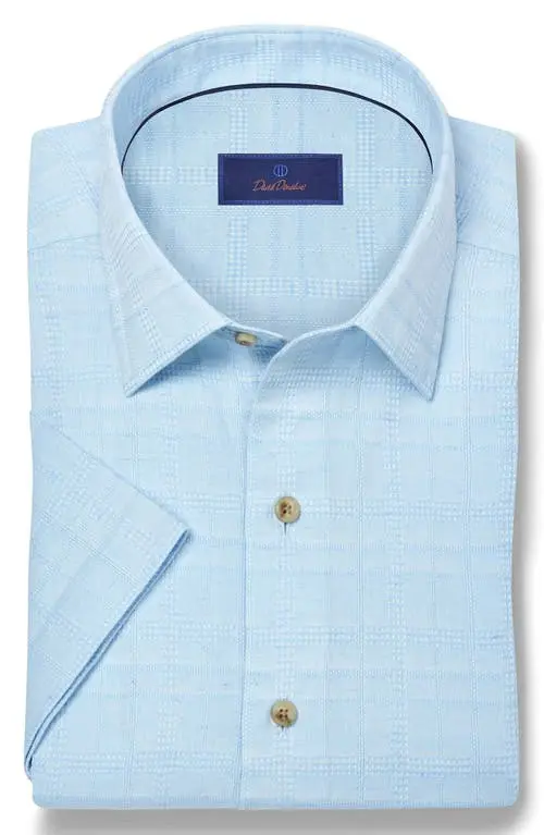 David Donahue Geometric Embroidered Short Sleeve Cotton & Linen Button-up Shirt