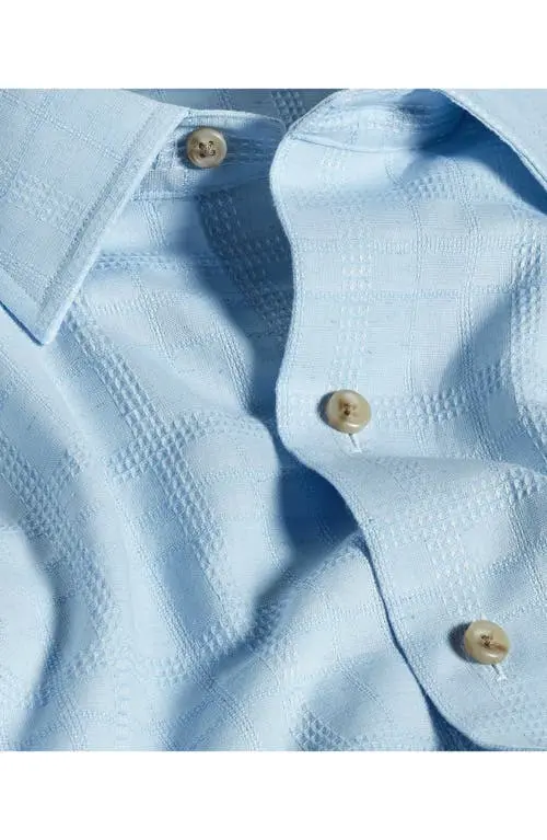 David Donahue Geometric Embroidered Short Sleeve Cotton & Linen Button-up Shirt