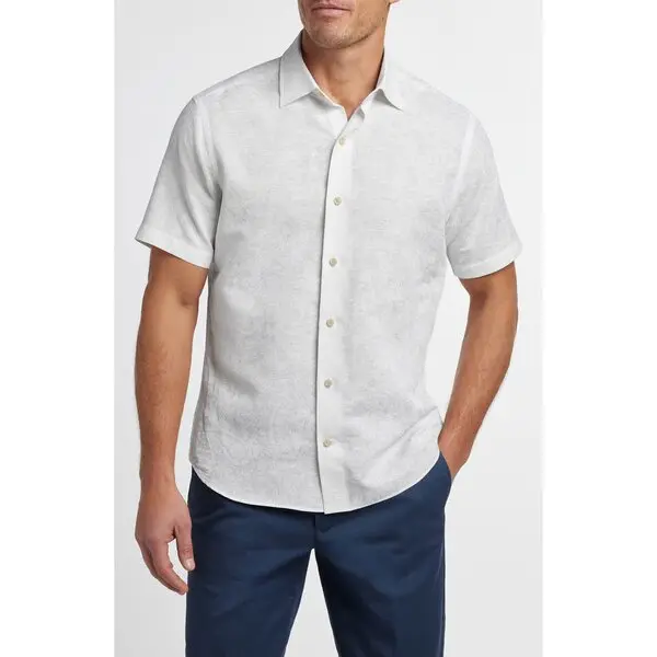David Donahue Paisley Print Short Sleeve Linen & Cotton Button-up Shirt - White