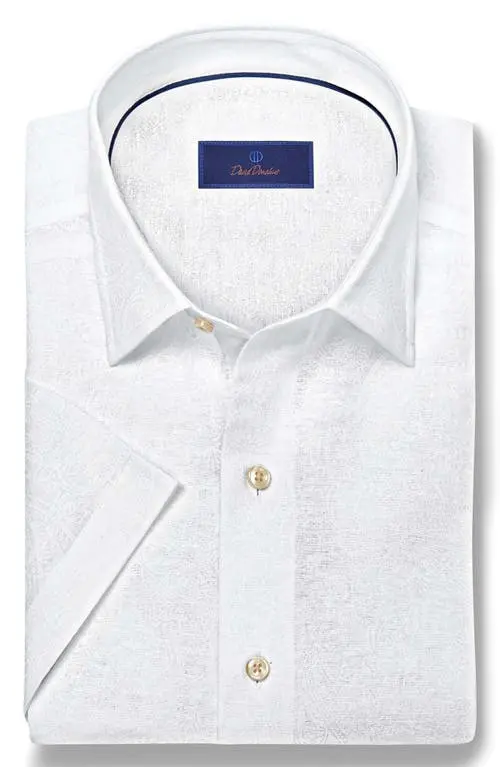 David Donahue Paisley Print Short Sleeve Linen & Cotton Button-up Shirt - White