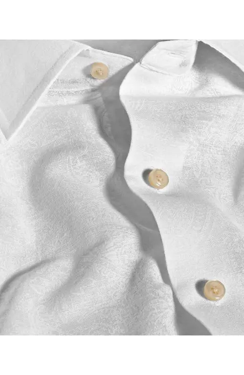 David Donahue Paisley Print Short Sleeve Linen & Cotton Button-up Shirt - White