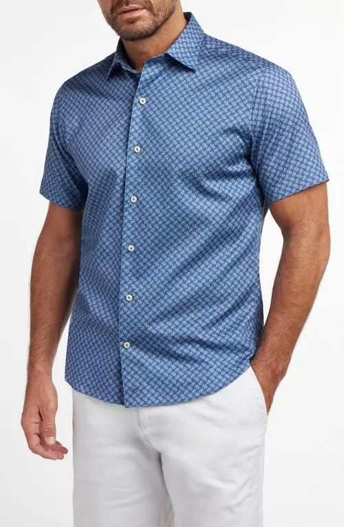 David Donahue Neat Print Short Sleeve Cotton Button-up Shirt - Navy