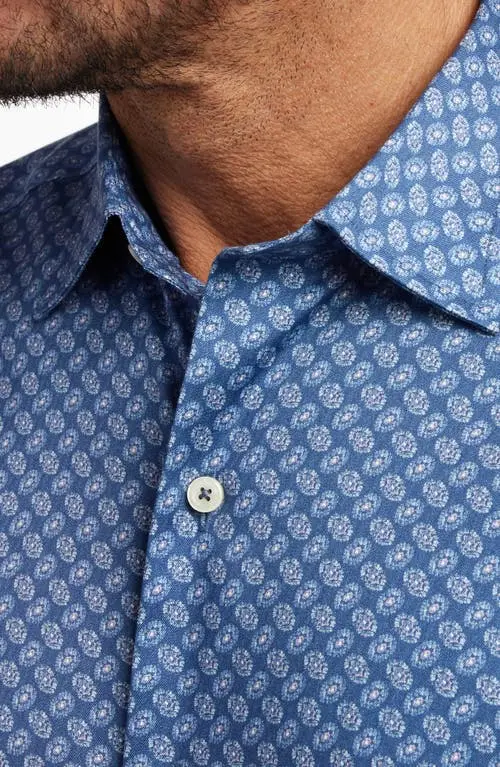 David Donahue Neat Print Short Sleeve Cotton Button-up Shirt - Navy