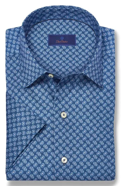 David Donahue Neat Print Short Sleeve Cotton Button-up Shirt - Navy